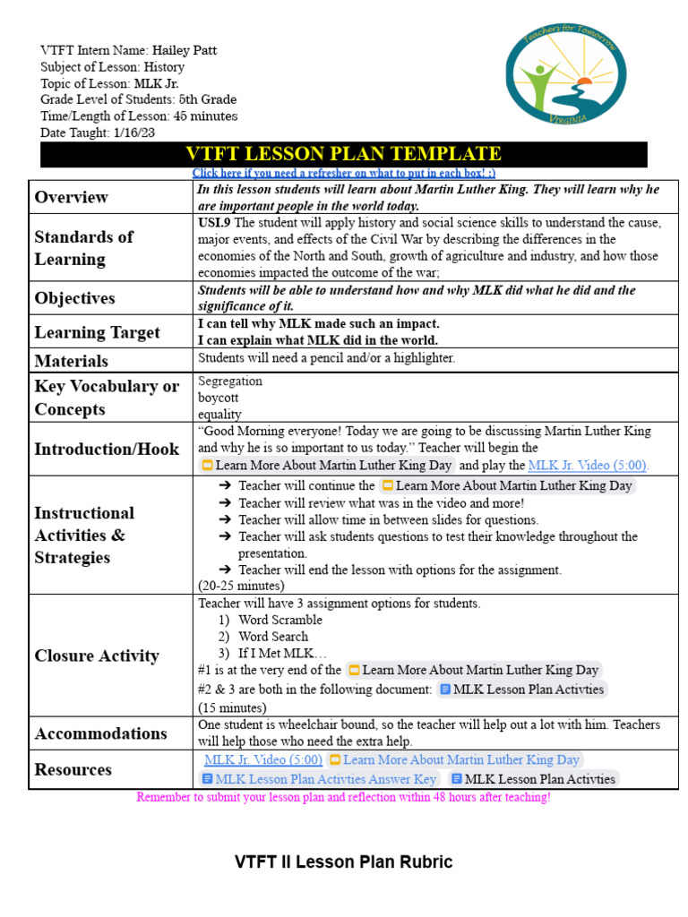 5th Grade MLK Jr. Lesson Plan | PDF | Lesson Plan | Teachers