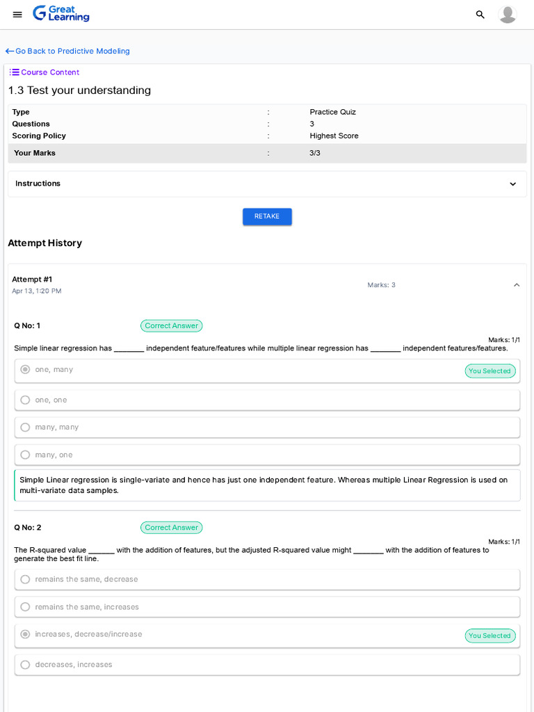 Predictive Modeling Quiz Results | PDF | Coefficient Of Determination | Regression Analysis