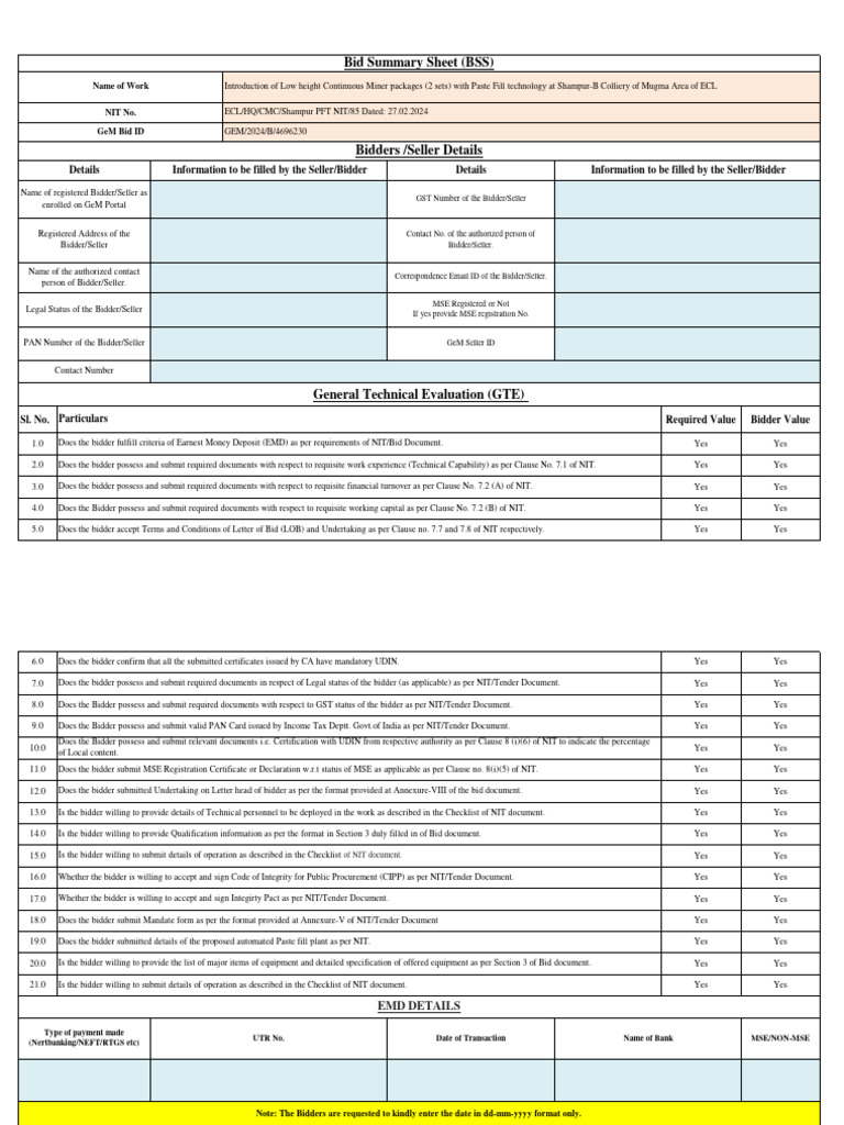 Bid Summary Sheet (BSS) : Name of Work | Download Free PDF | Payments