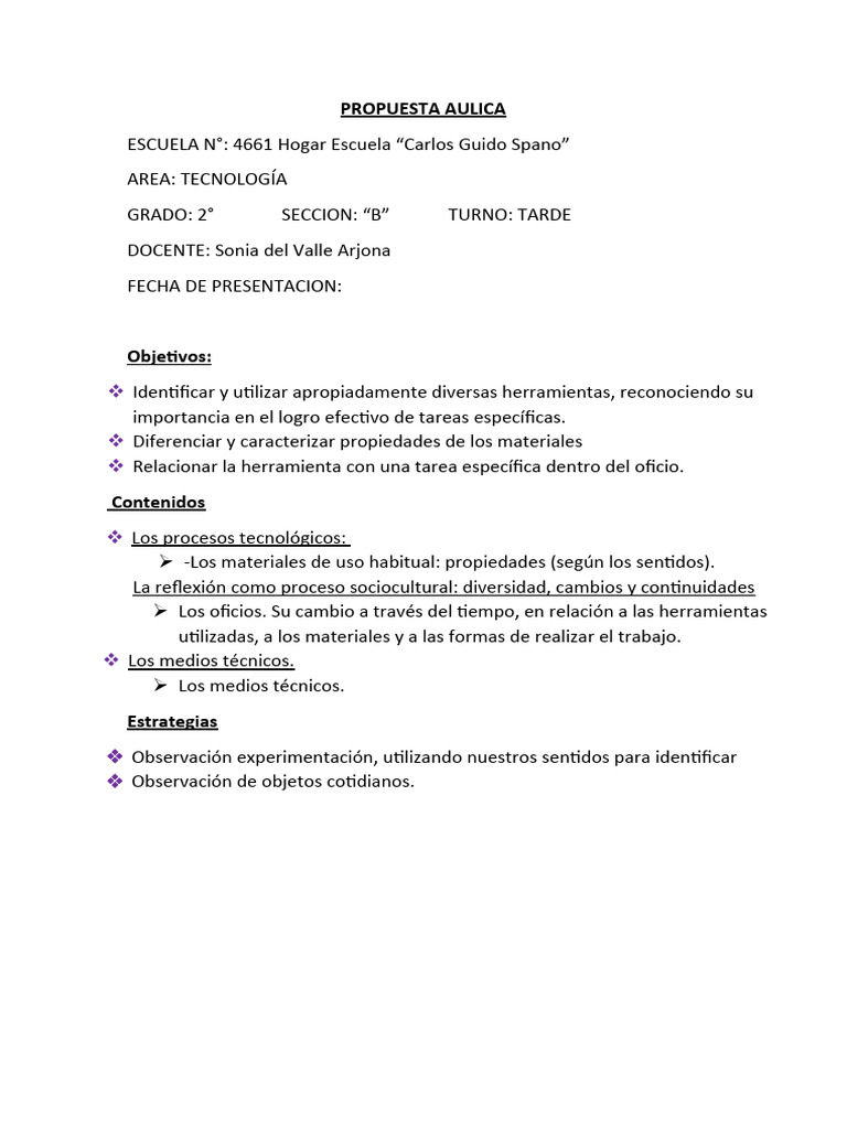 PROPUESTA AULICA 2°GRADO Profe Sonia | PDF | Herramientas | Cognición