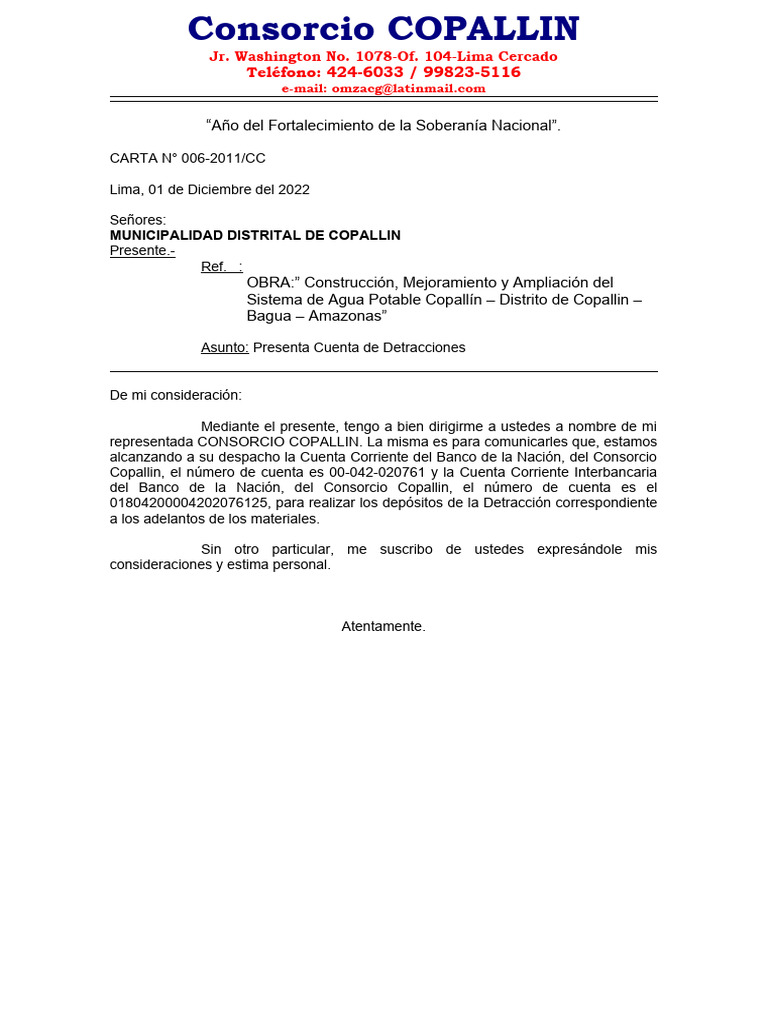 Carta de Cuentas Bancarias | PDF