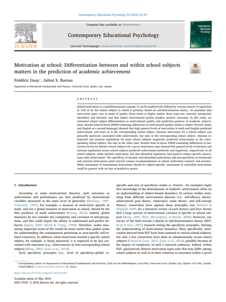 Motivation at School Differentiation Between and Within School Subjects ...
