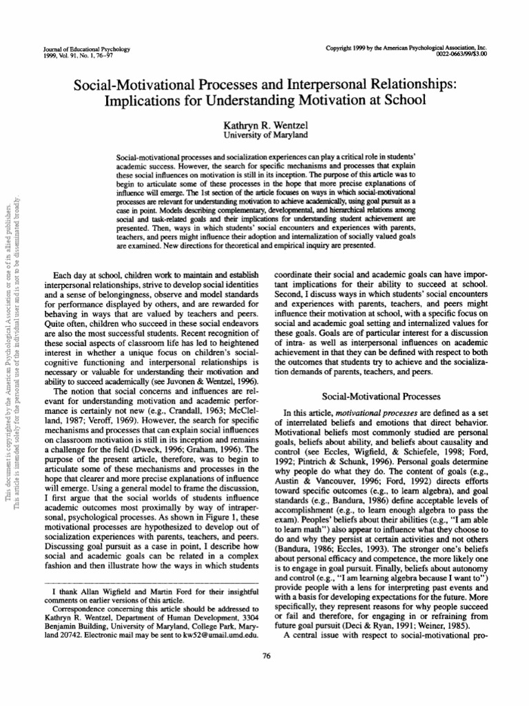 Social-Motivational Processes and Interpersonal Relationships | PDF | Motivational | Motivation