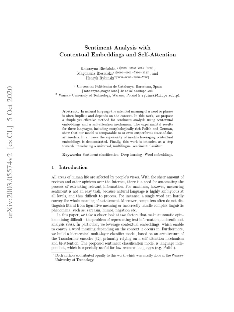 Sentiment Analysis With Contextual Embeddings and Self-Attention | PDF | Artificial Neural ...