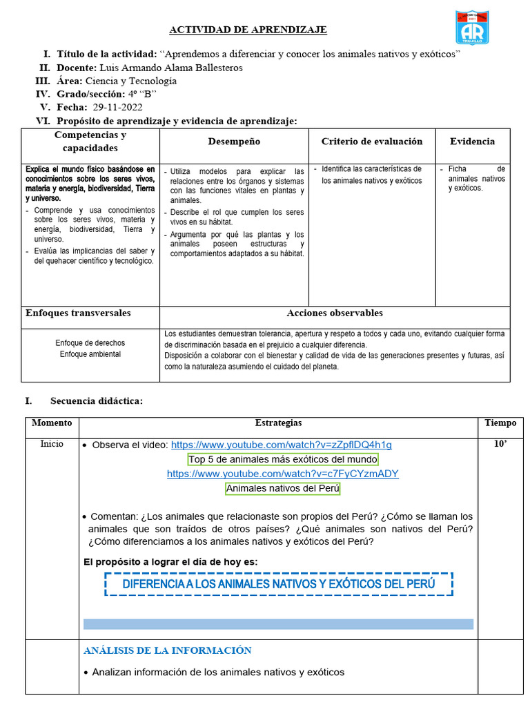 Activ. Ciencia y Tec - Animales Nativos y Exóticos (29 Nov) | PDF | Aprendizaje | Perú