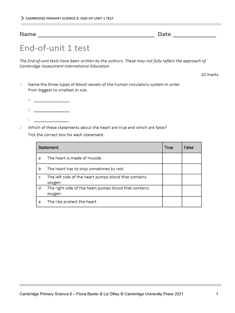 P Science 6 End-Of-Unit 1 | PDF | Heart | Blood
