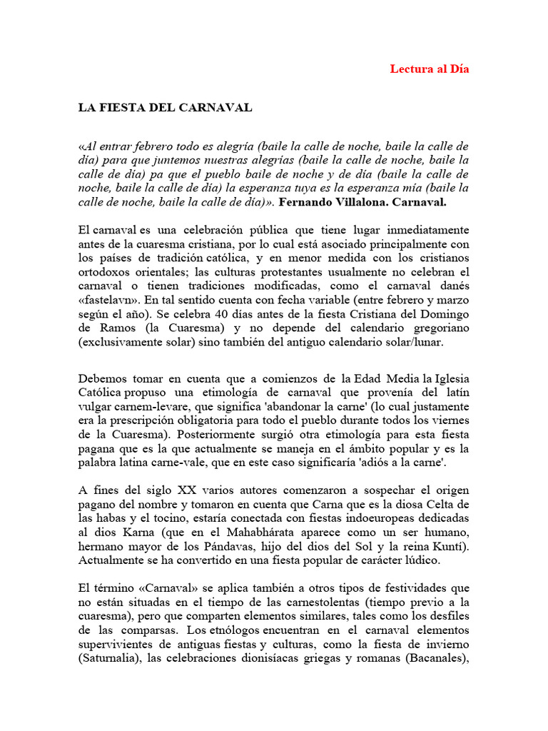 Lectura Al Dia LA FIESTA DEL CARNAVAL | PDF | Carnaval | Prestado