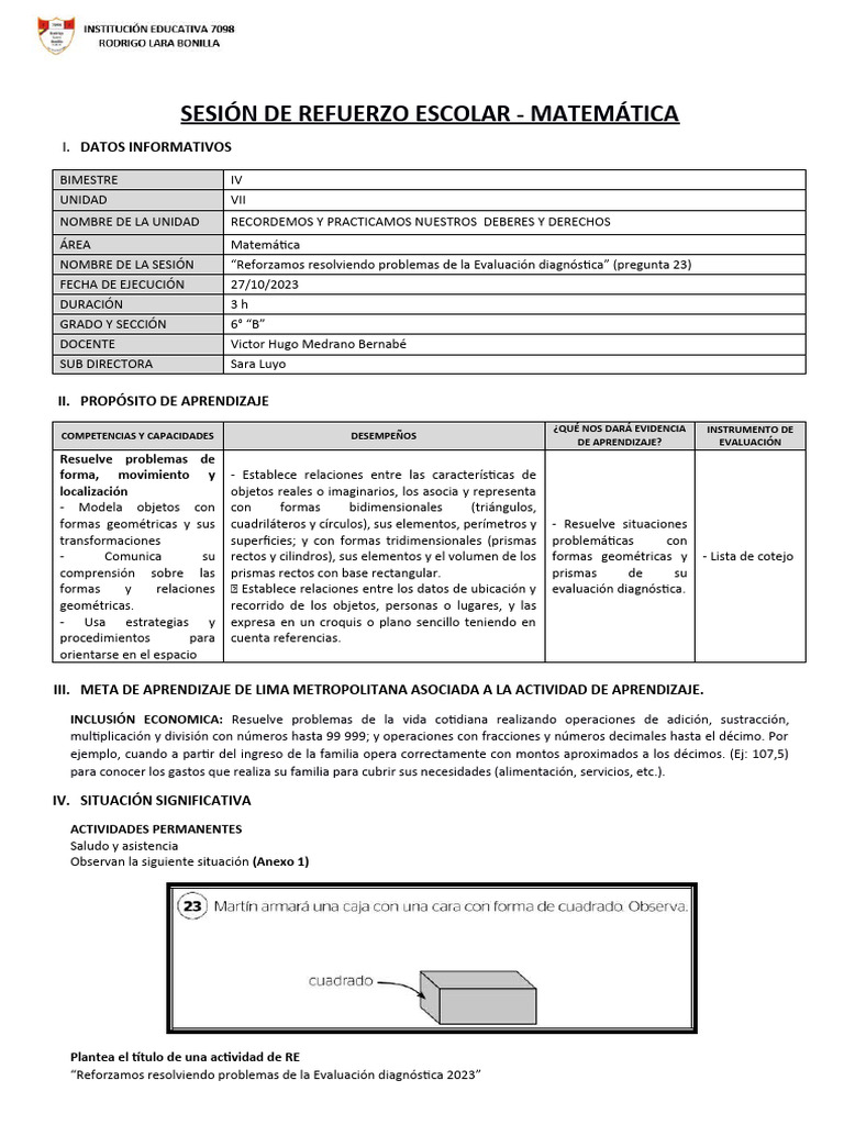 Sesión Refuerzo Escolar 27 de Octubre - Matematica | PDF | Evaluación