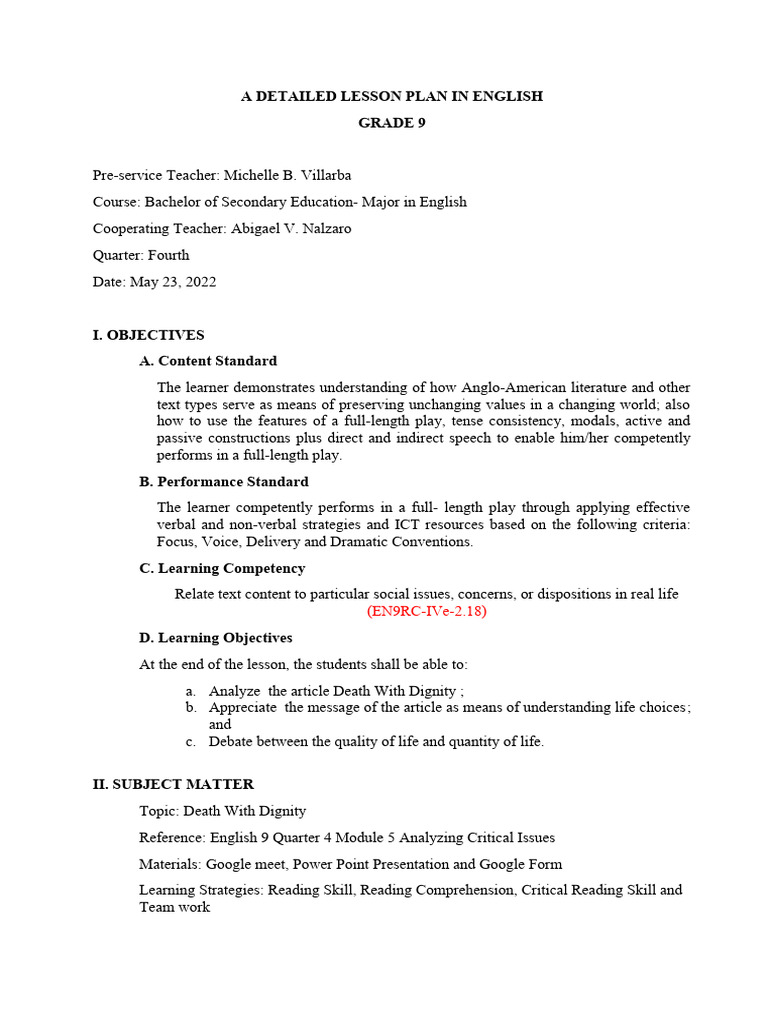 DEATH WITH DIGNITY | PDF | Learning | Lesson Plan