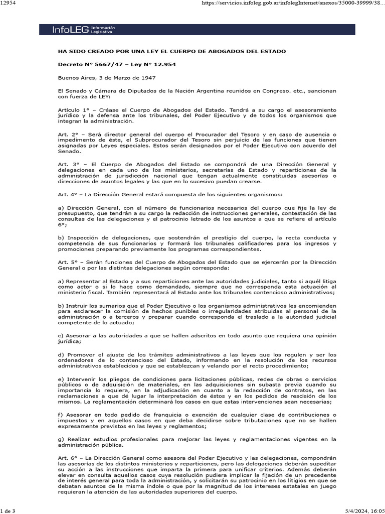 Ley 12954 Del Cuerpo de Abog Del Estado | PDF | Abogado | Estado (política)