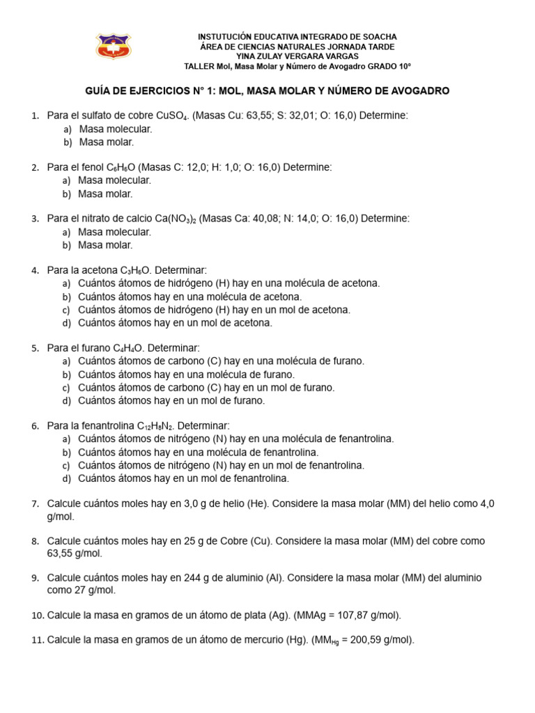 Ejercicios-Moles-Moleculas-Y-Masa-Molar, 10 | PDF | Mole (Unidad ...