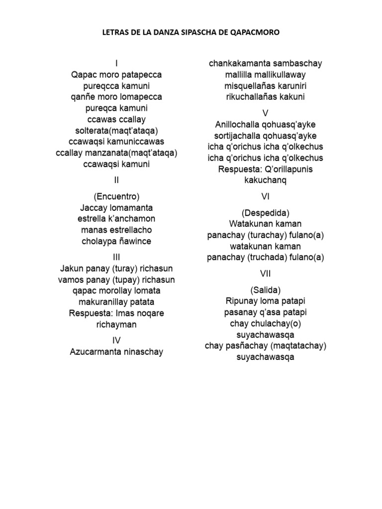 Letras de La Danza Sipascha de Qapacmoro | PDF