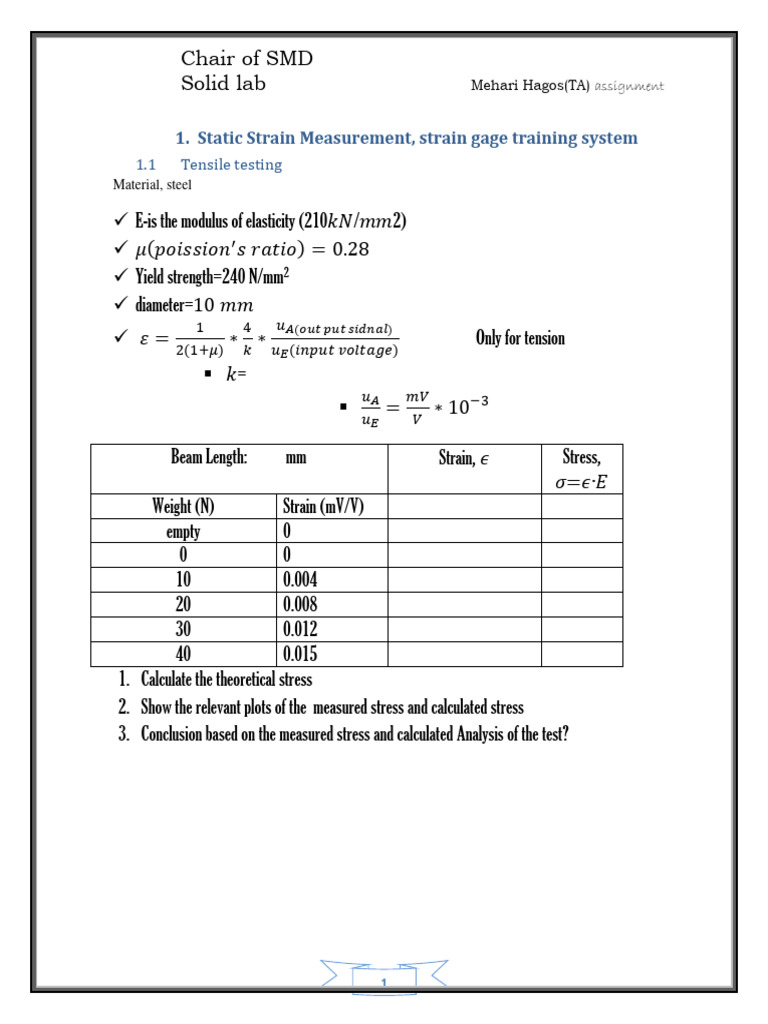Static Strain Measurement, Strain Gage Training System: 1.1 Tensile ...