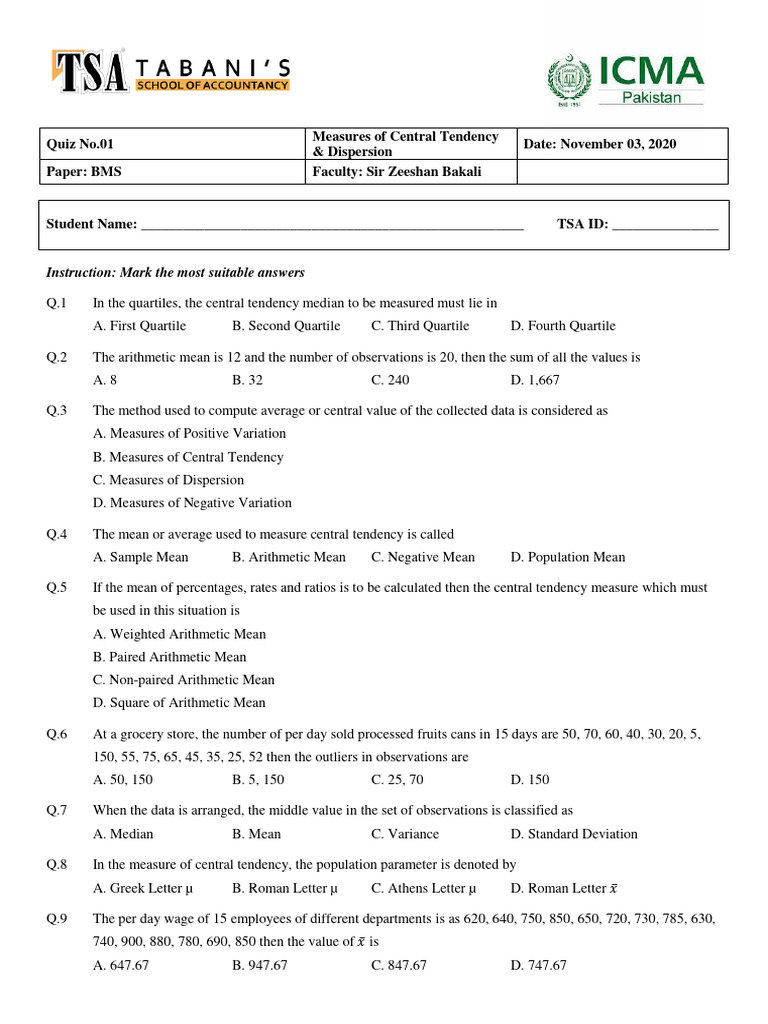 BMS Quiz 1 | PDF | Mean | Arithmetic Mean