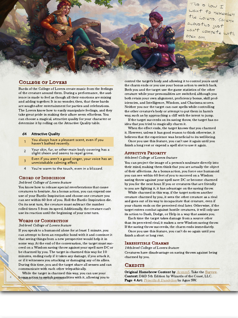 Bard Subclass - College of Lovers - GM Binder | PDF