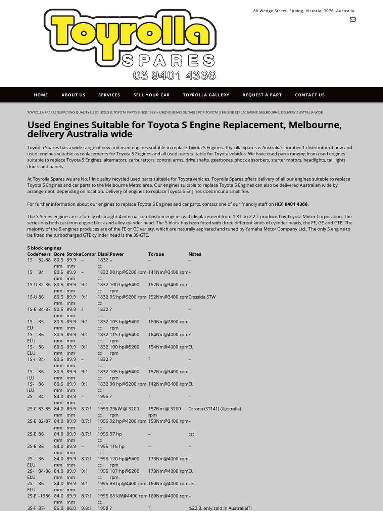Used - New Toyota S Engines Melbourne Australia - Toyrolla Spares | PDF ...