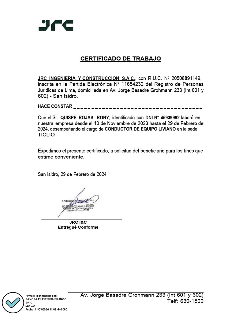 Certificado DE Trabajo: JRC Ingenieria Y Construccion S.A.C | PDF