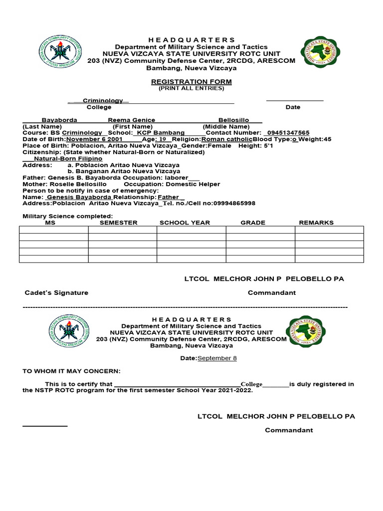 Blank-Enrollment Form | Download Free PDF | Military Education And ...