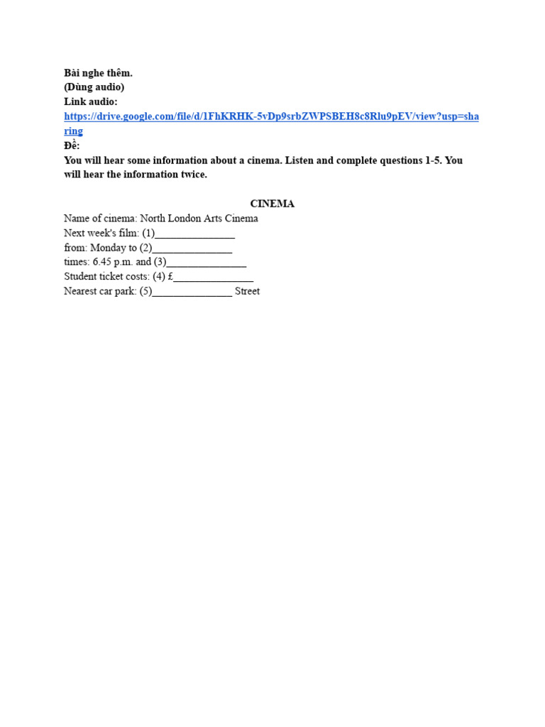 Cinema Listening Practice Exercise | PDF | Games & Activities