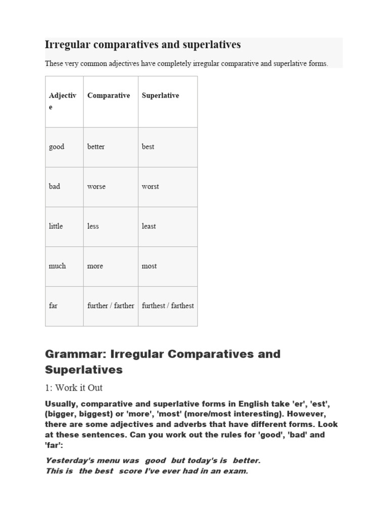 Irregular Comparatives and Superlatives | PDF