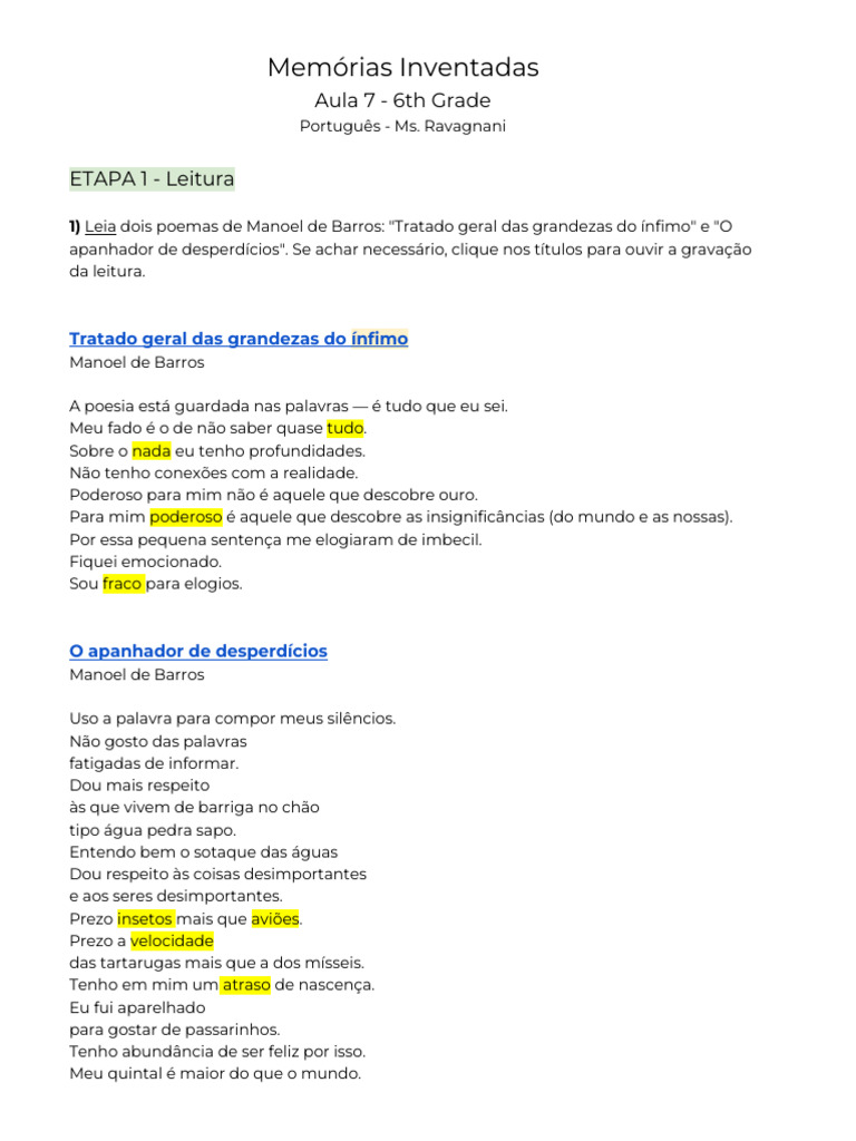 Luisa Lima Atividade Aula 7 - Memórias Inventadas - 6th Grade | PDF ...