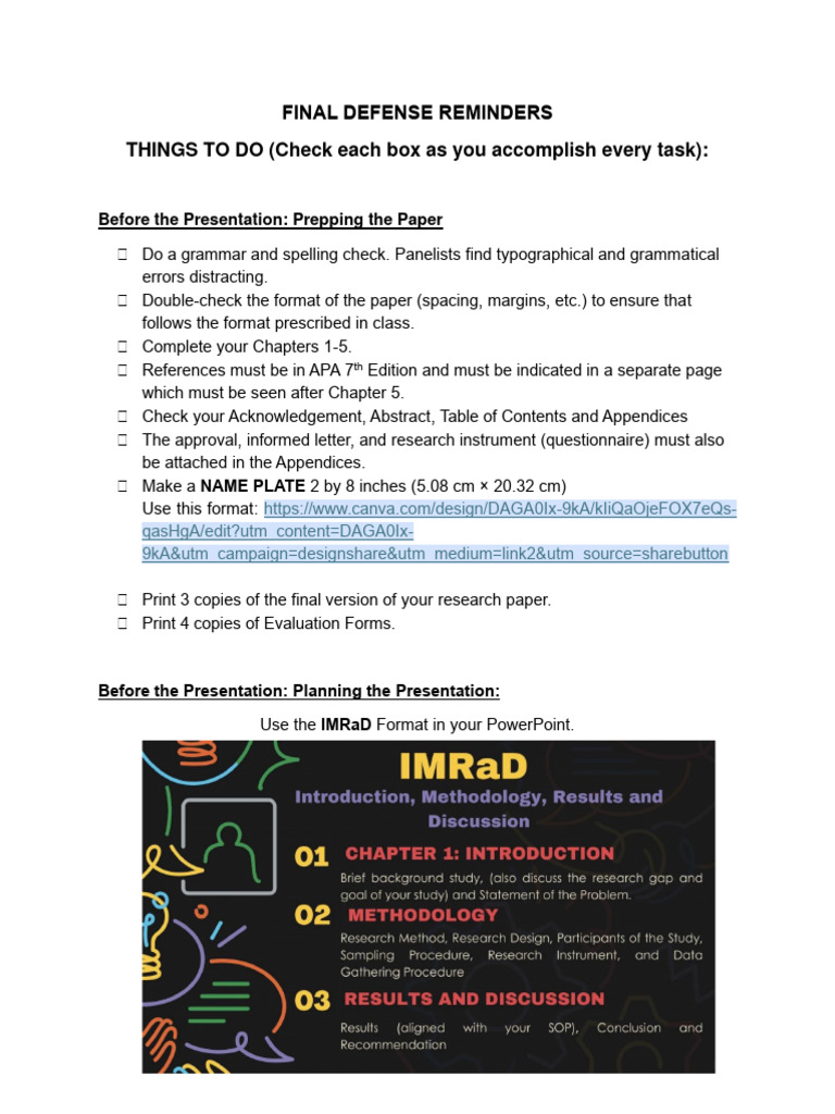 Final Defense Reminders | PDF | Abstract (Summary)