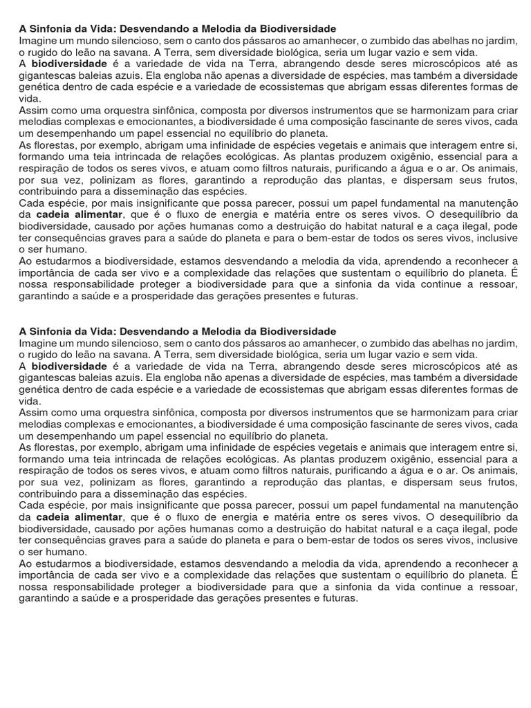 A Sinfonia Da Vida Texto Pdf Biodiversidade Vida