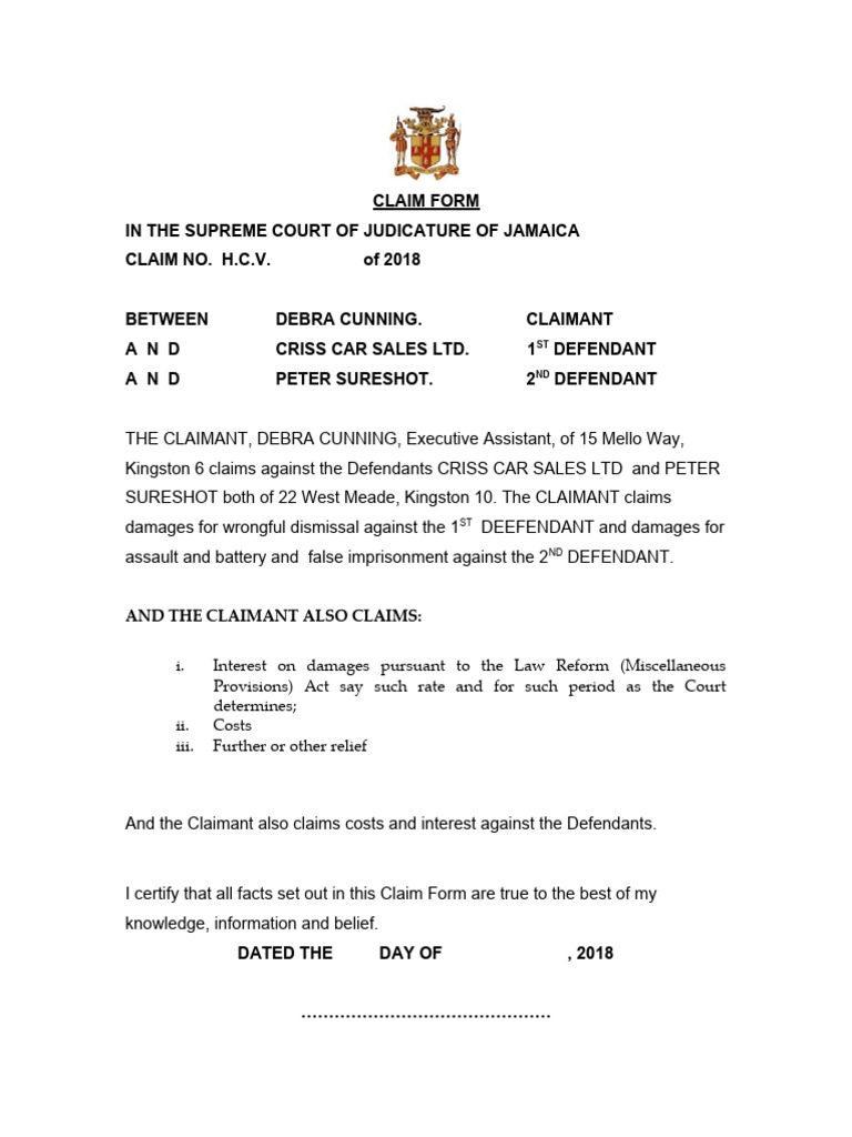 Claim Form - Debra Cunning | PDF | Judgment (Law) | Damages