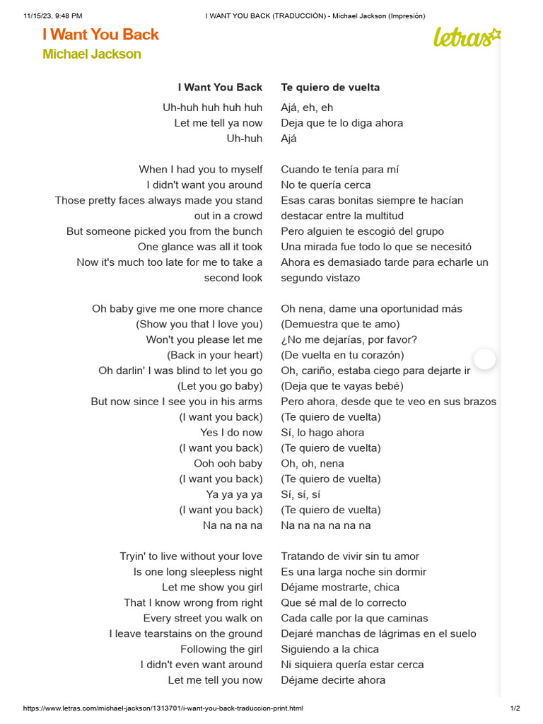 i Want You Back (Traducción) - Michael Jackson (Impresión) | PDF