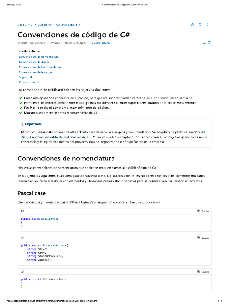 Convenciones de Código de C# - Microsoft Docs | PDF