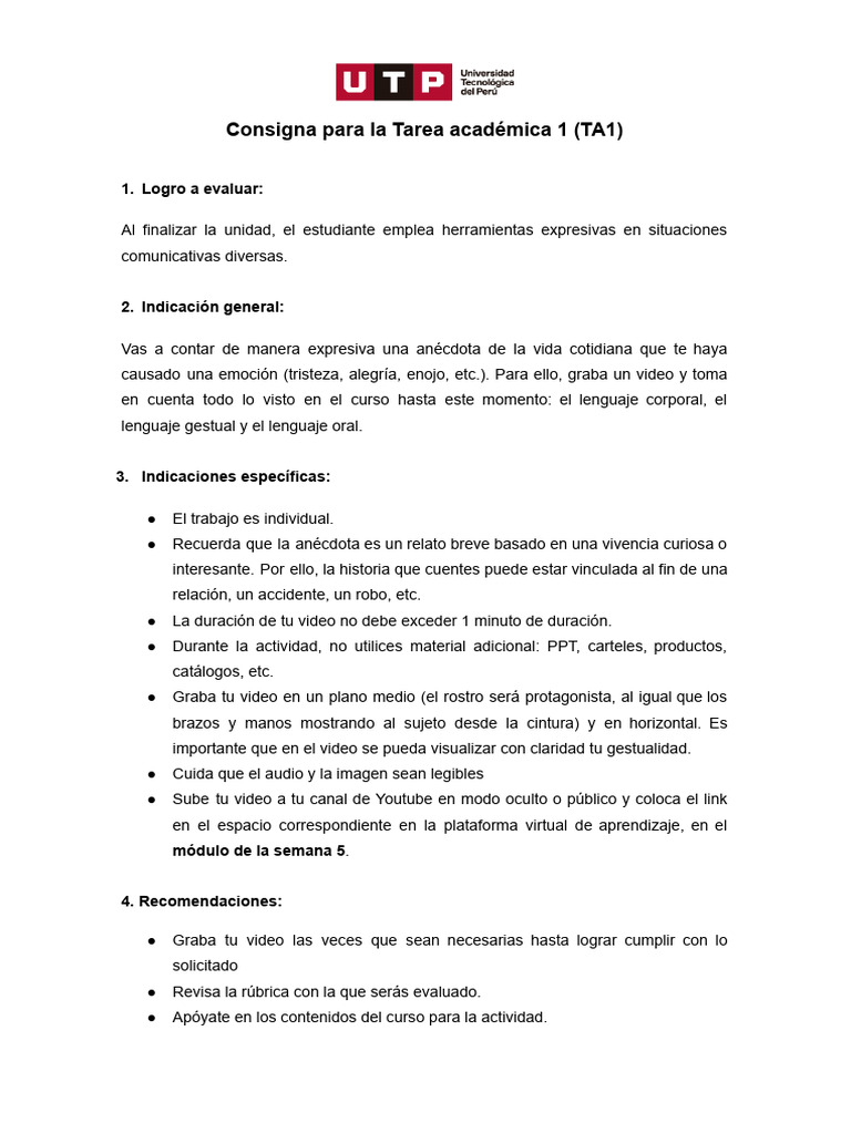EA - S72V - TA1Cons (1) Consigna para La Tarea Académica 1 (TA1 | PDF | Comunicación humana