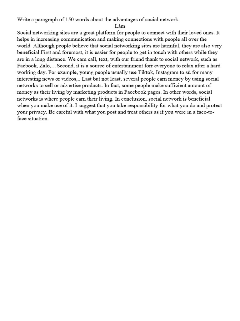 Write A Paragraph of 150 Words About The Advantages of Social Network ...