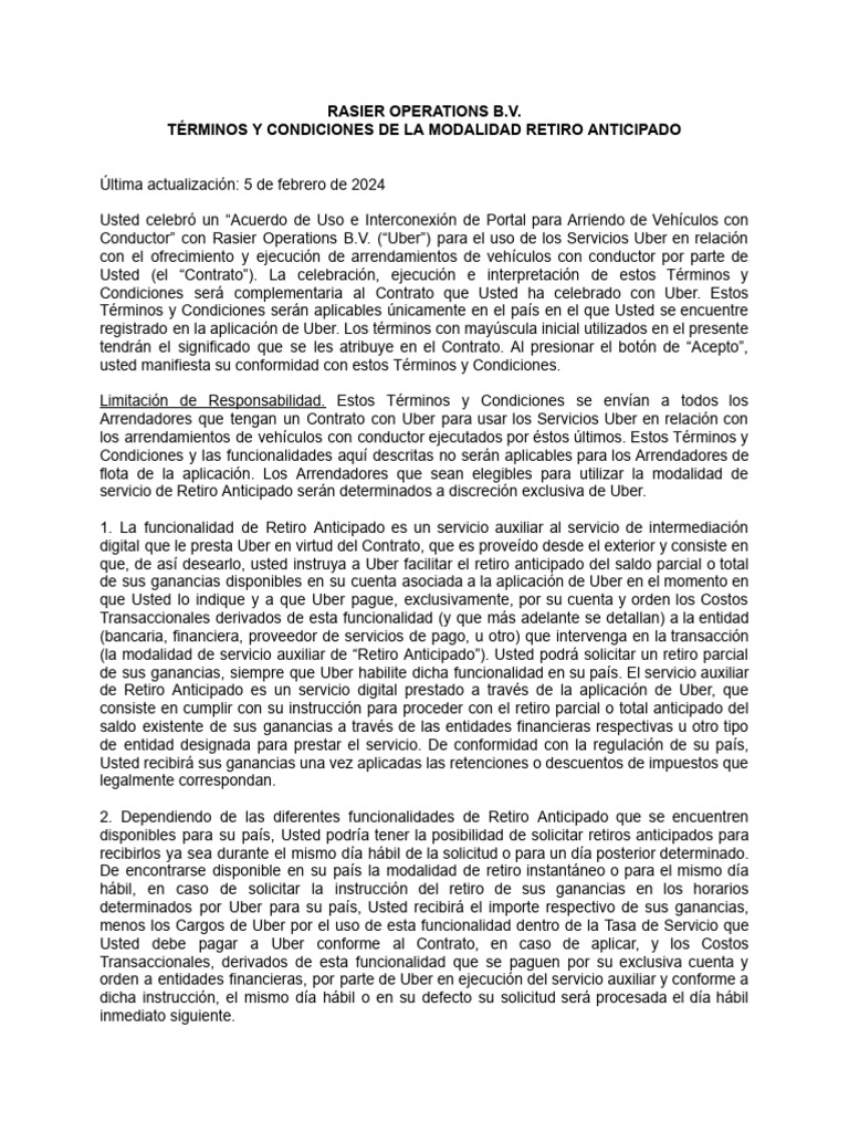 Rasier Operations B.V. Términos Y Condiciones de La Modalidad Retiro Anticipado | PDF | Bancos