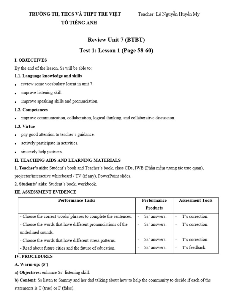 Grade 11-Unit 7-Test 1 (BTBT) (Lesson 1) | PDF | Dieting | Question