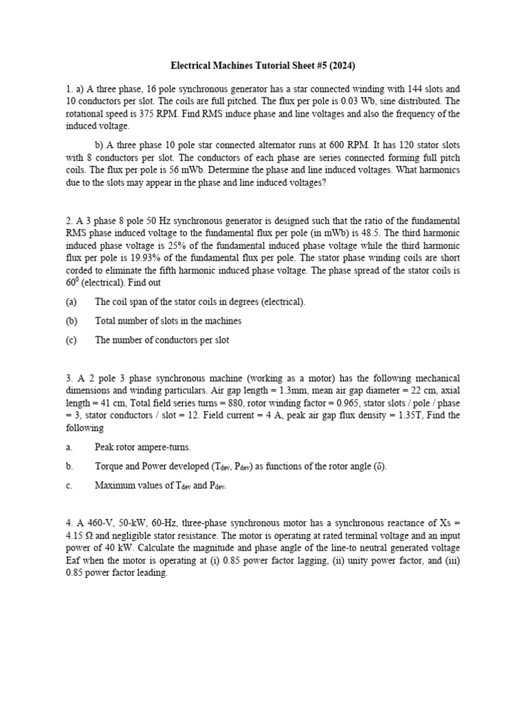 Machines Tutorial Sheet #5 (2024) | PDF | Electric Motor | Physical ...