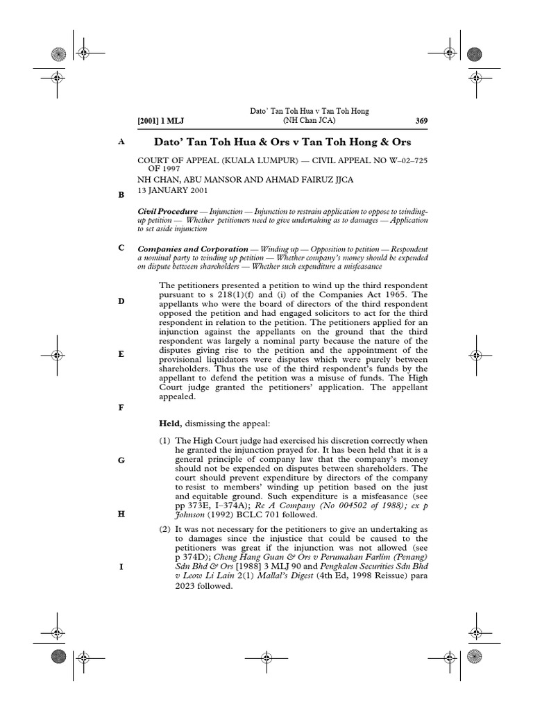 Injunction in Tan Toh Hua Case | PDF | Liquidation | Judgment (Law)