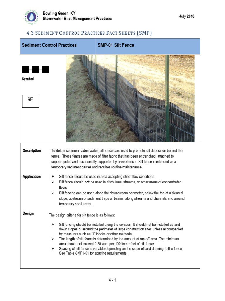 4.3 S C P F S (SMP) : Sediment Control Practices SMP-01 Silt Fence | PDF | Hydrology | Landscape