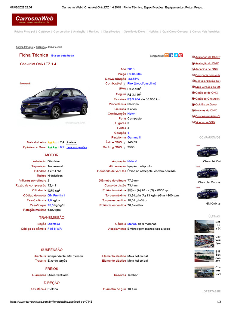 Ficha Técnica Onix LTZ | PDF | Carro | Chevrolet