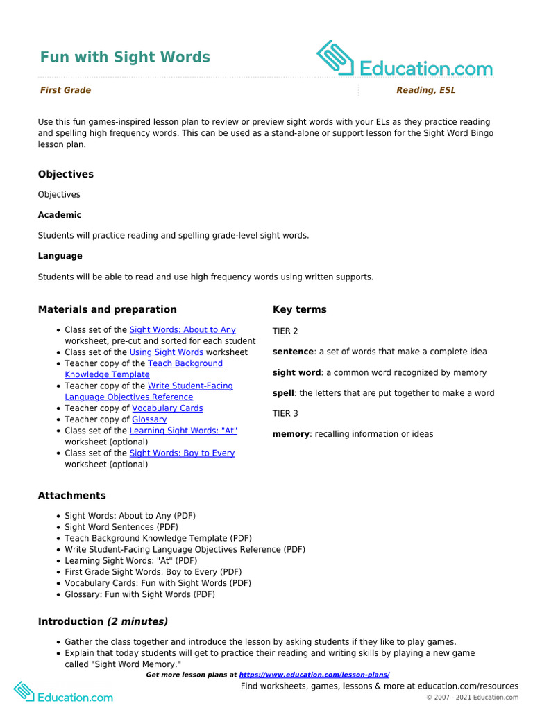 Usr Local Src Education.com Files Static Lesson Plans El Support Lesson Fun With Sight Words El ...