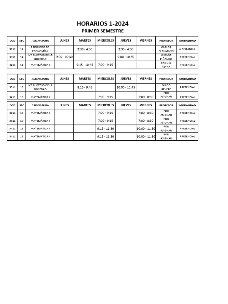 Horarios 1-2024 - Definitivos | PDF | Economias | Ciencias económicas