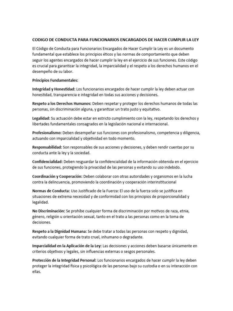 Codigo de Conducta para Funcionarios Encargados de Hacer Cumplir La Ley | PDF | Violación ...