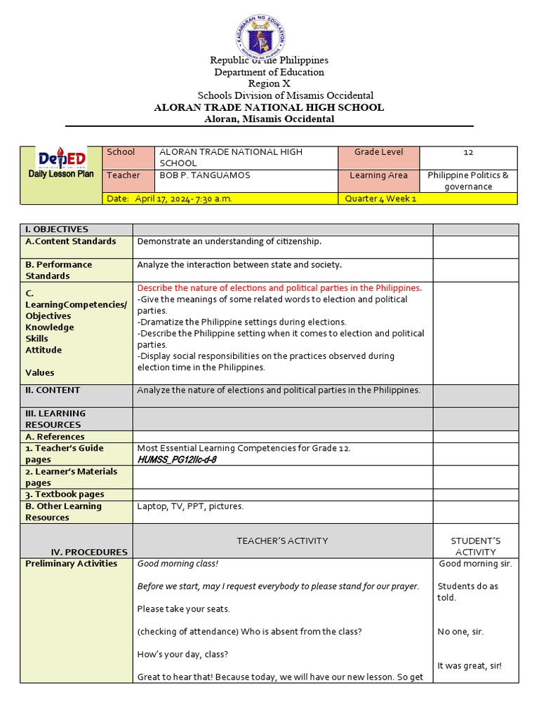Lesson Plan PPG Final 1 | PDF | Government | Elections