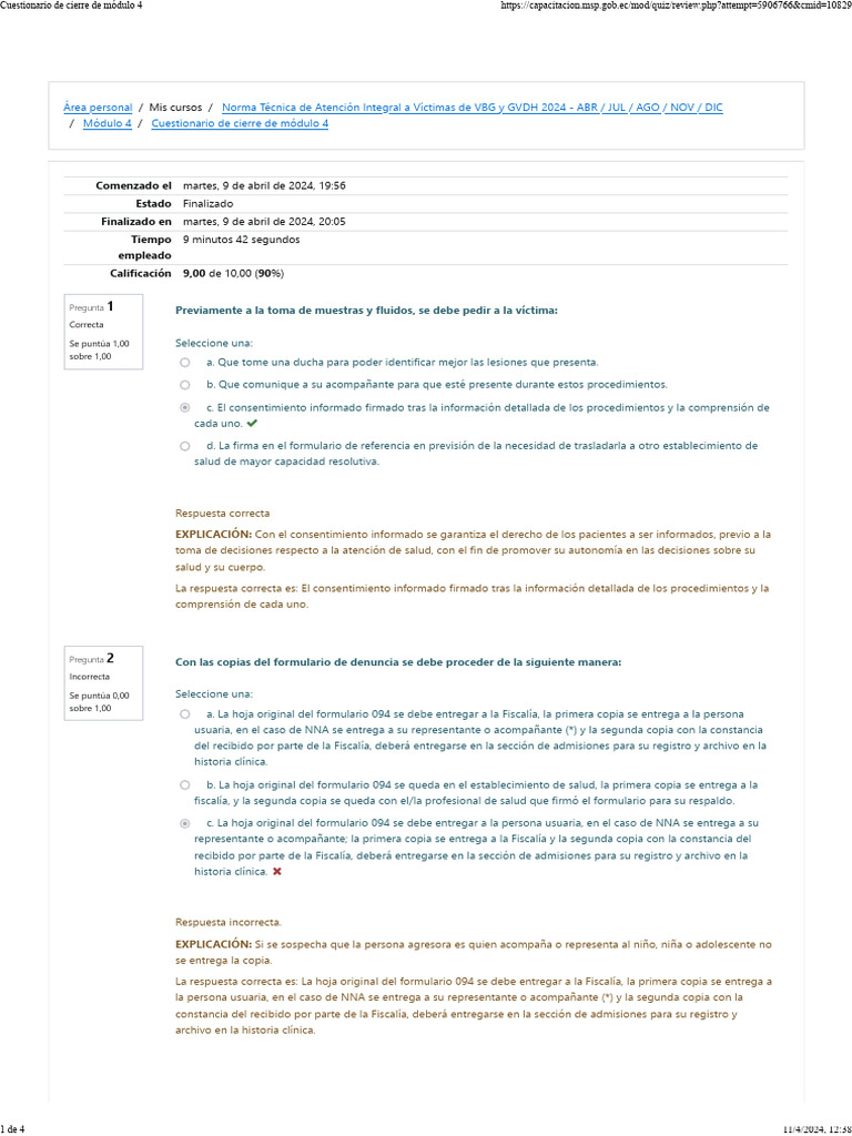 Cuestionario de Cierre de Módulo 4 | PDF | Violación | Historial médico