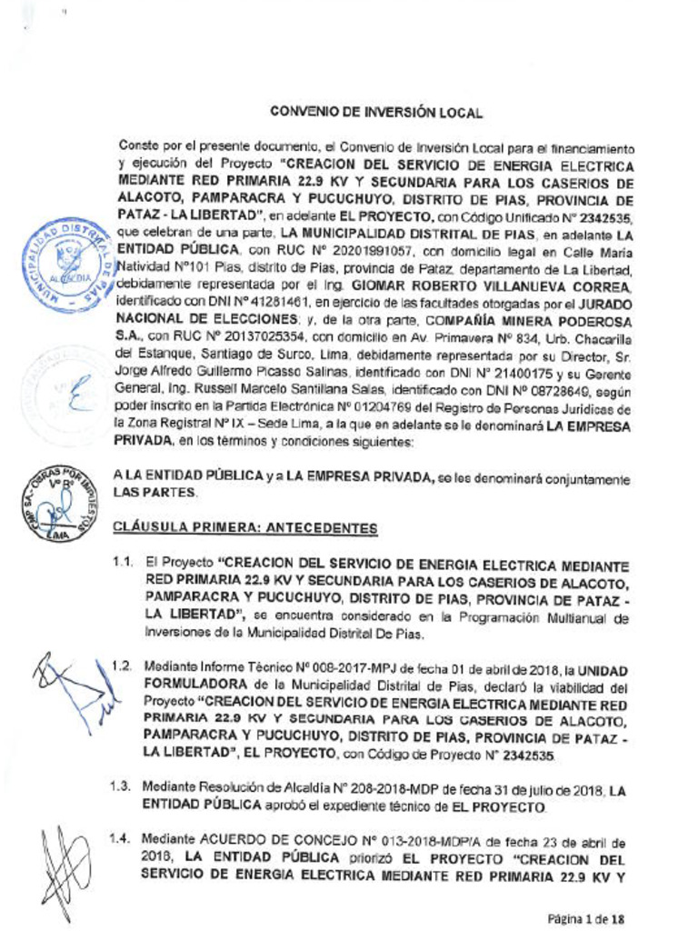01_Convenio de Inversión PODEROSA - MD Pías - Electrificación Rural_final_firmado | PDF