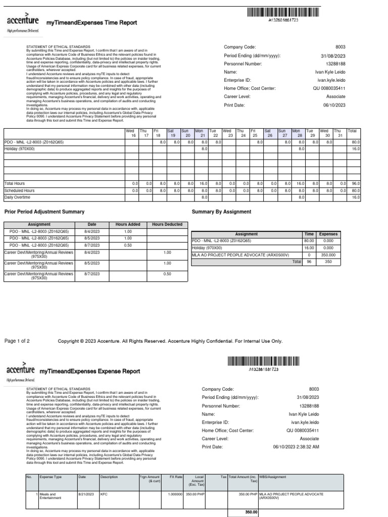 Mytimeandexpenses Time Report: Summary by Assignment Prior Period Adjustment Summary | PDF ...
