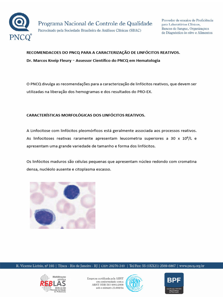 Recomendações PNCQ Linfócitos Reativos | PDF