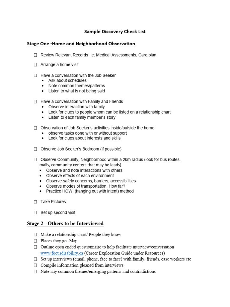 Sample Discovery Check List | PDF | Experience | Internship