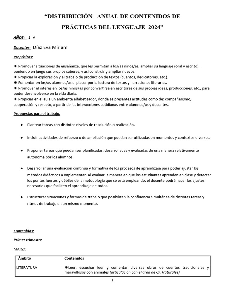 Plan Anual de Lenguaje 2024 para 1° A | PDF | Enseñando | Escritura