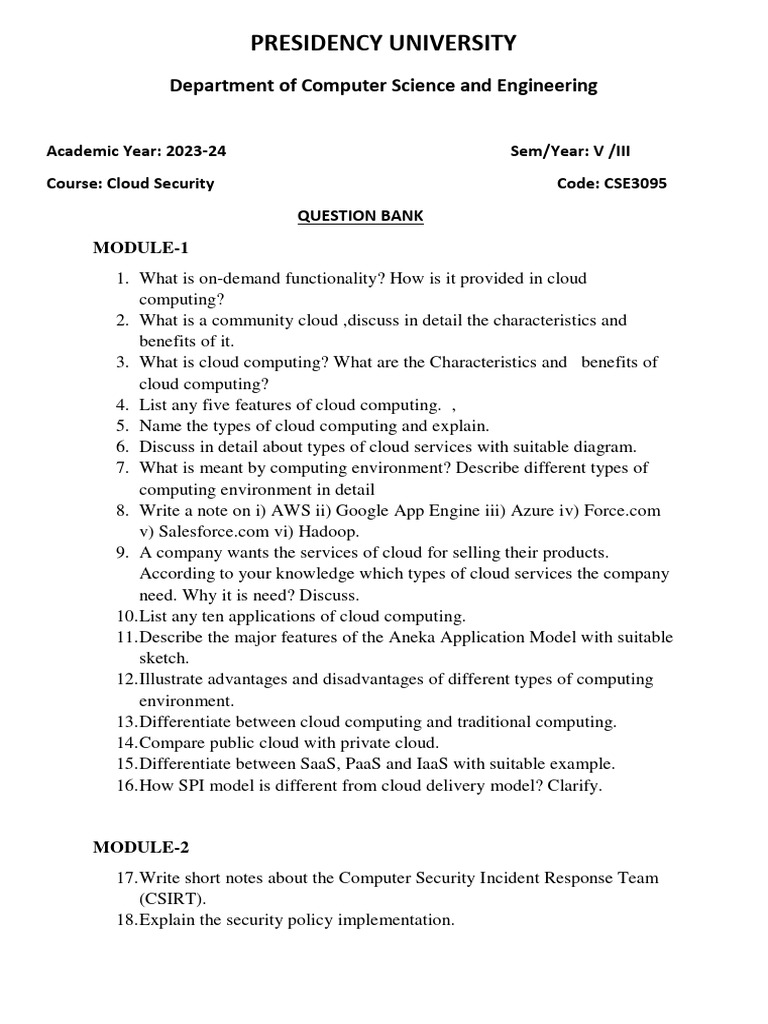 Question Bank Cloud Security | PDF | Cloud Computing | Computer Security