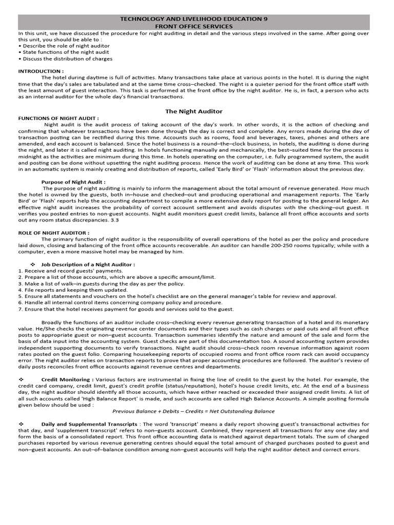 Front Office Services Night Audit From Other Reference | PDF | Credit ...